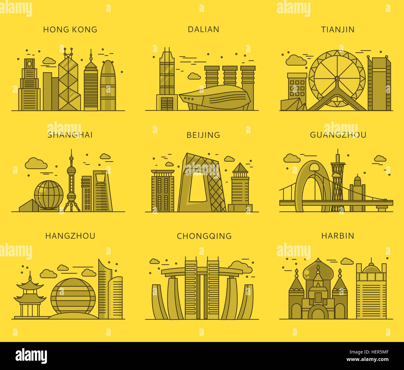 Icons Chinese major cities flat style. Shanghai and china, Beijing and ...