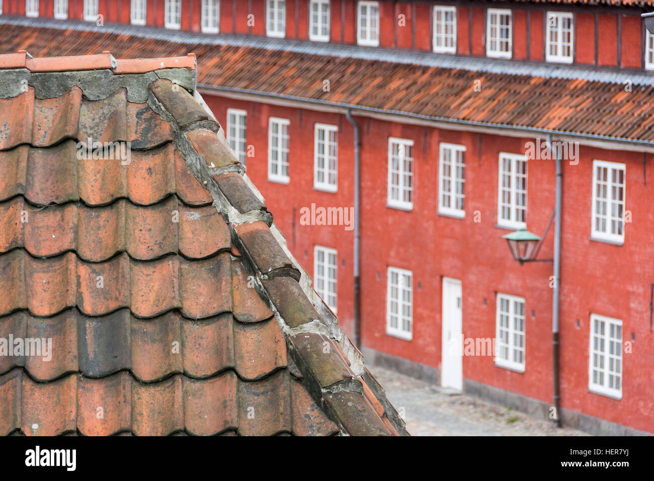 View across the tiled roof into the Rows, red houses built as barracks ...