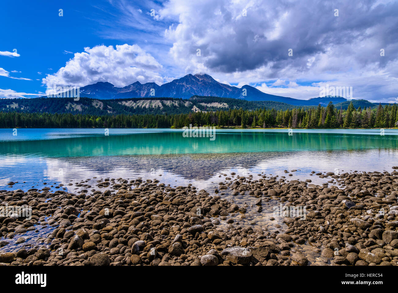 Canada, Alberta, Jasper National Park, Jasper, Lake Annette against ...