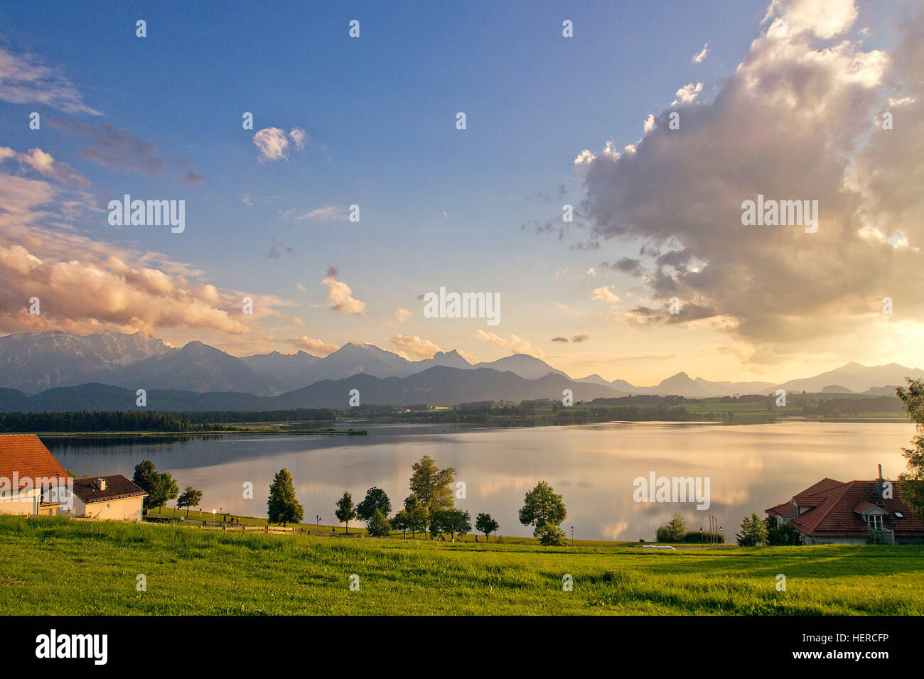 View over Hopfen village in the lake and the Hopfensee lake on the alps ...