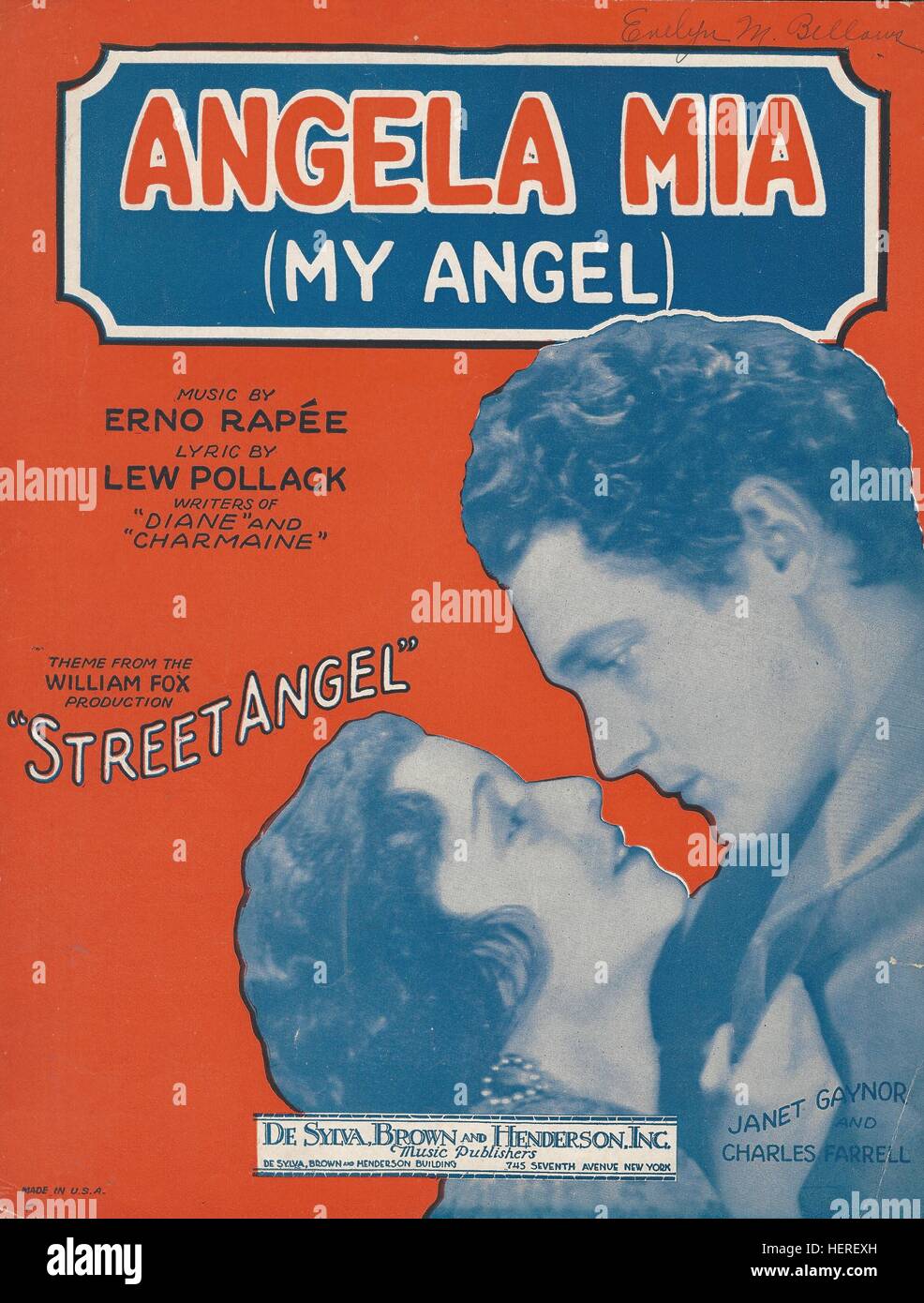 "Angela Mia" 1928 Street Angel Movie Sheet Music Cover Stock Photo - Alamy