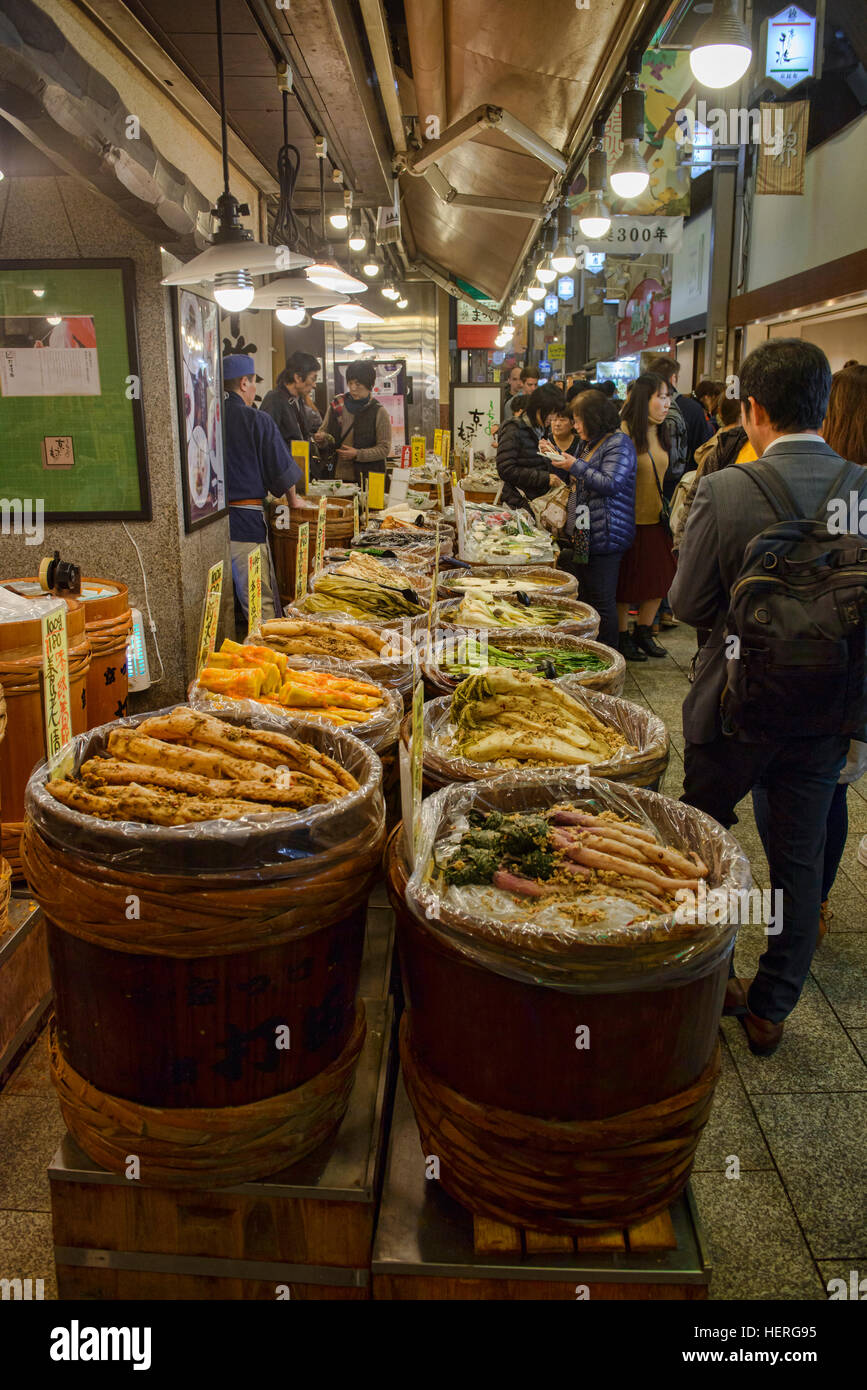 A variety of tsukemono Japanese pickles at the Nishiki Market in Kyoto ...