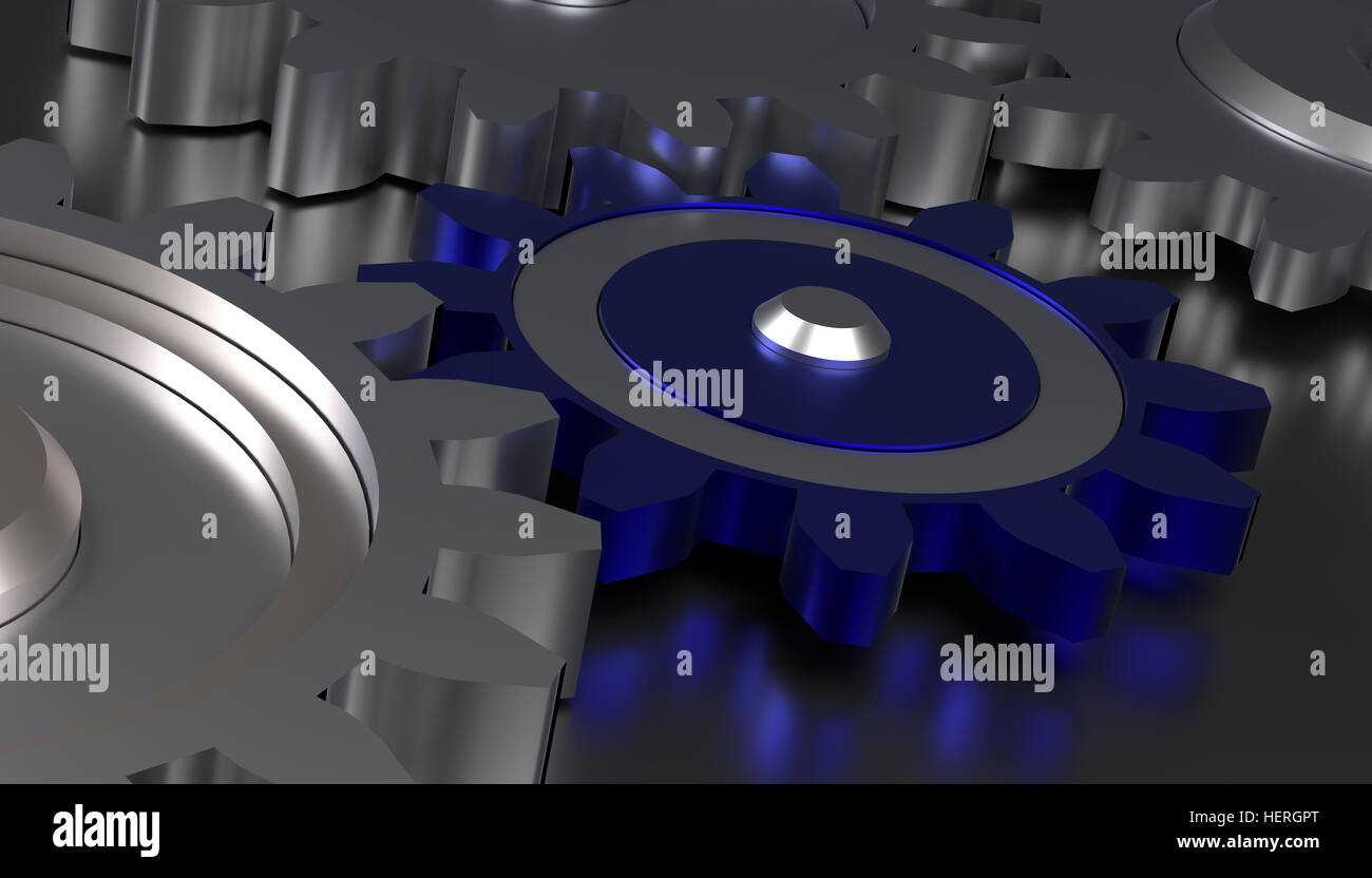 Cog wheels with a blue one in the middle, 3d rendering Stock Photo - Alamy