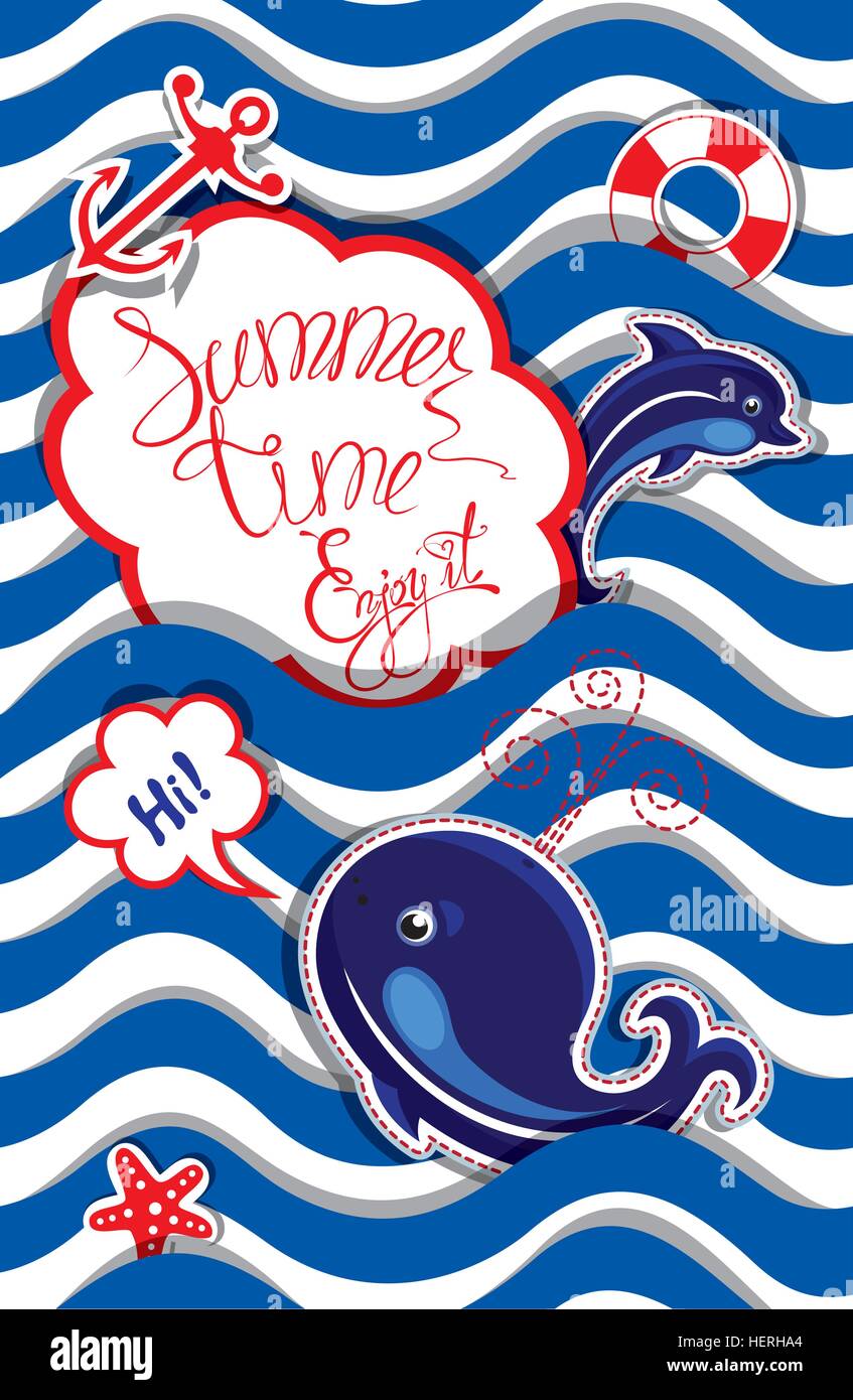 Funny Card with blue whale and dolphin on striped background. Round ...