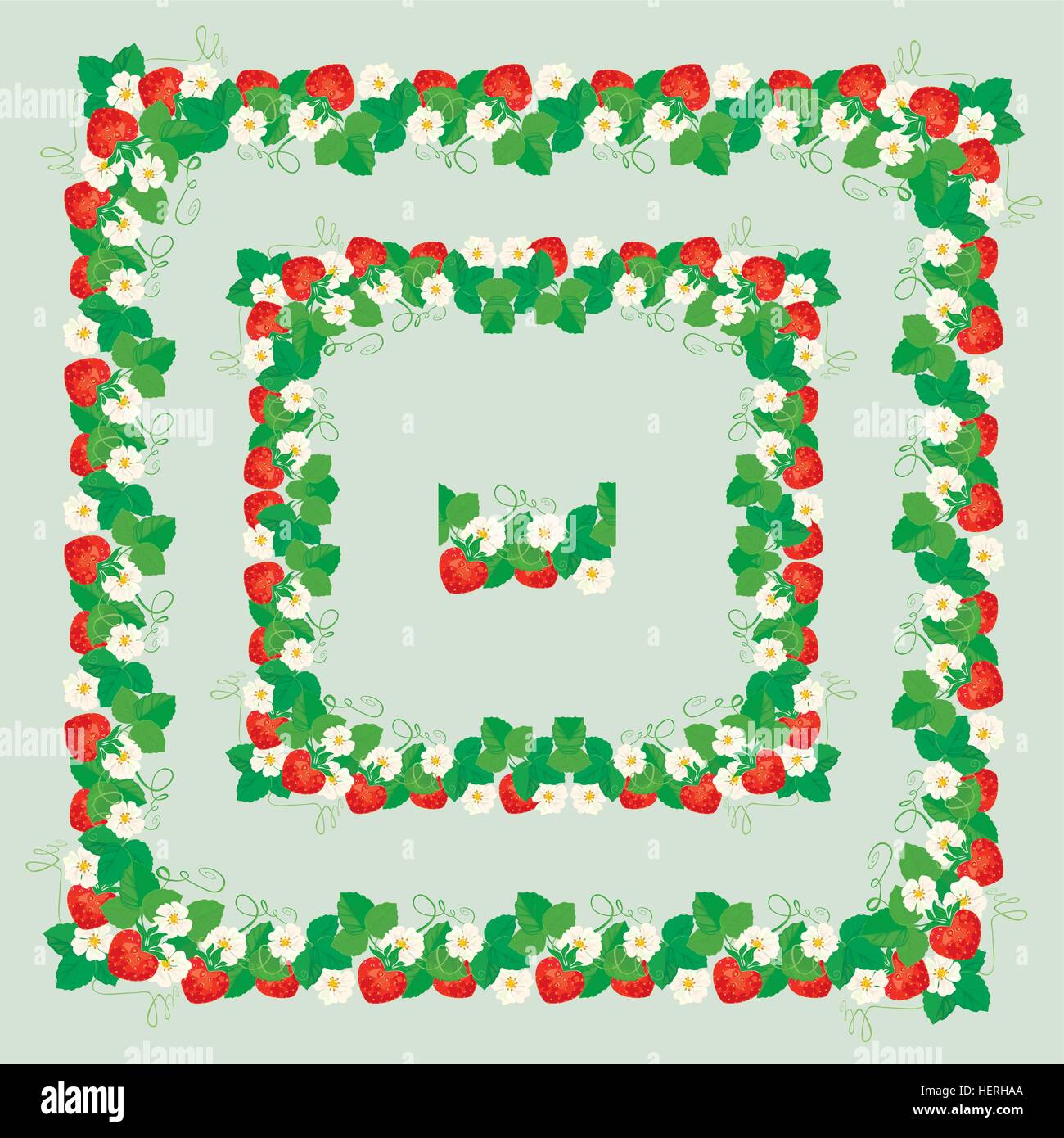 Square frames with Strawberries, flowers and leaves isolated on gray ...