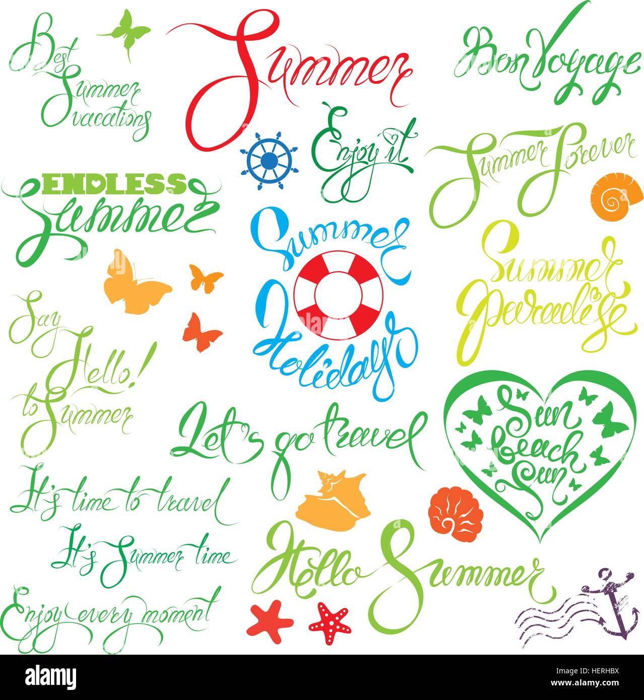 Set of handwritten text: Endless Summer, enjoy it, let`s go travel, sun ...