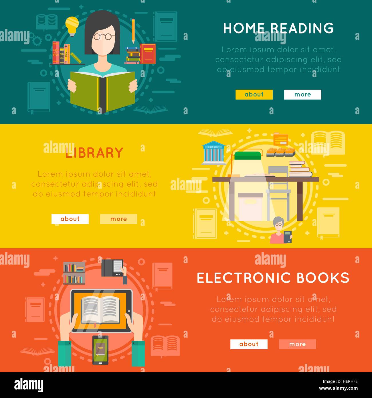 Library banner set. Library horizontal banner set with electronic books ...