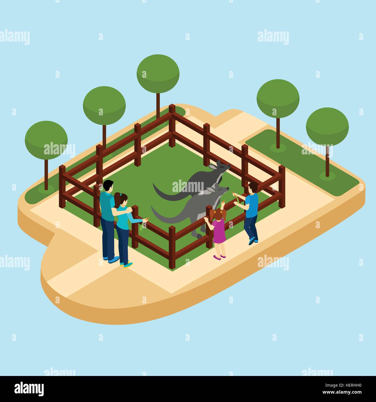 Zoo Isometric Illustration . Zoo with family watching kangaroos on blue ...