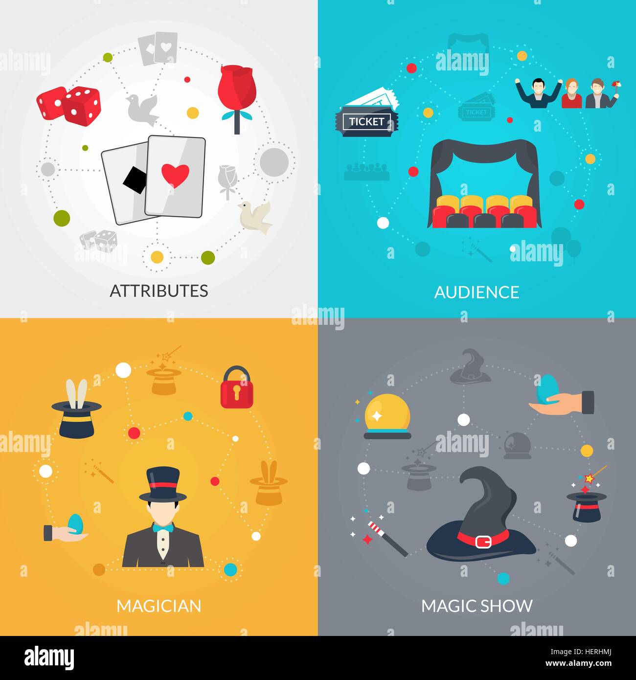 Magician flat set. Magician design concept set with magis show ...