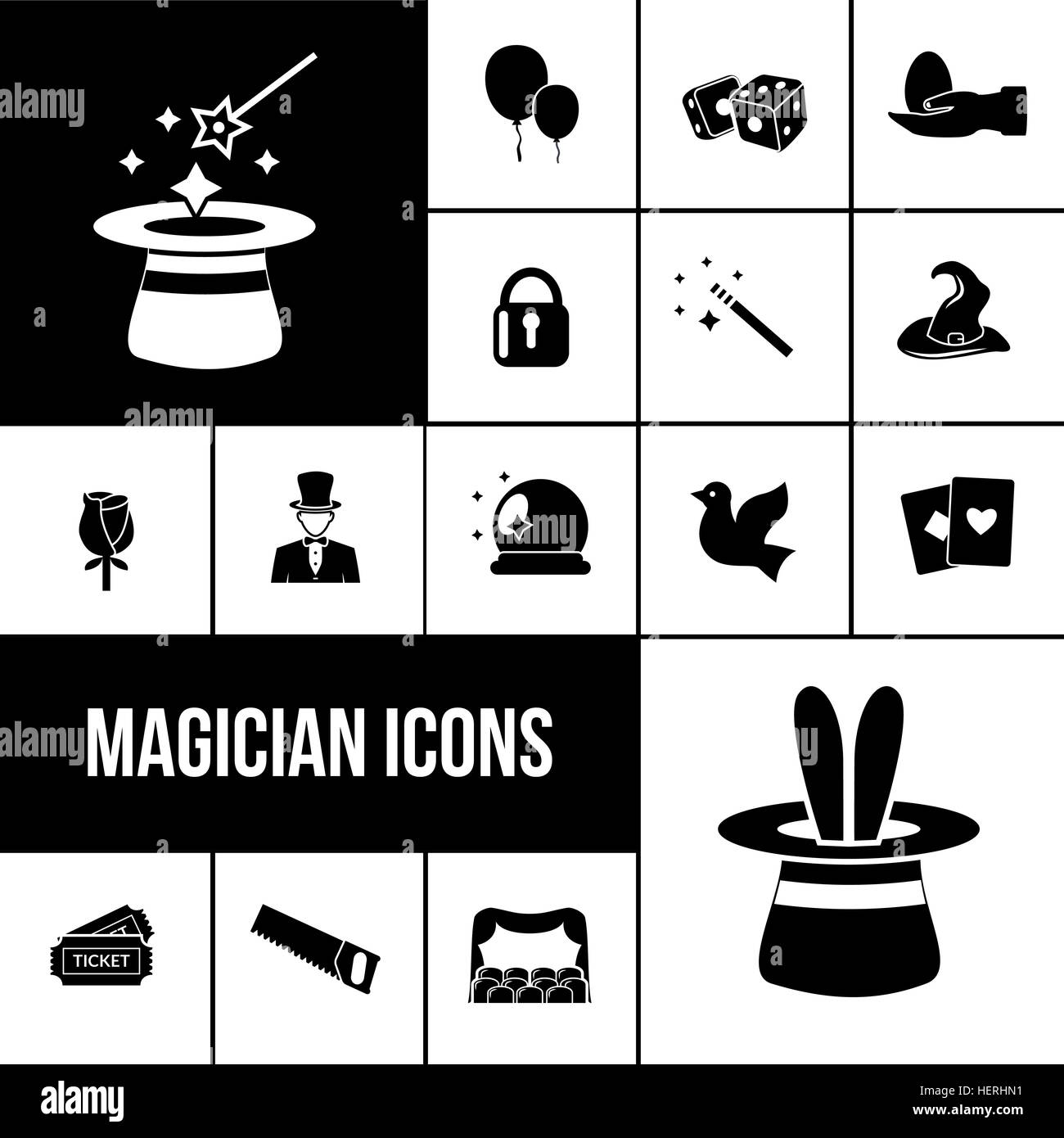 Magician icons black set. Magician icons black set with rabbit in hat ...