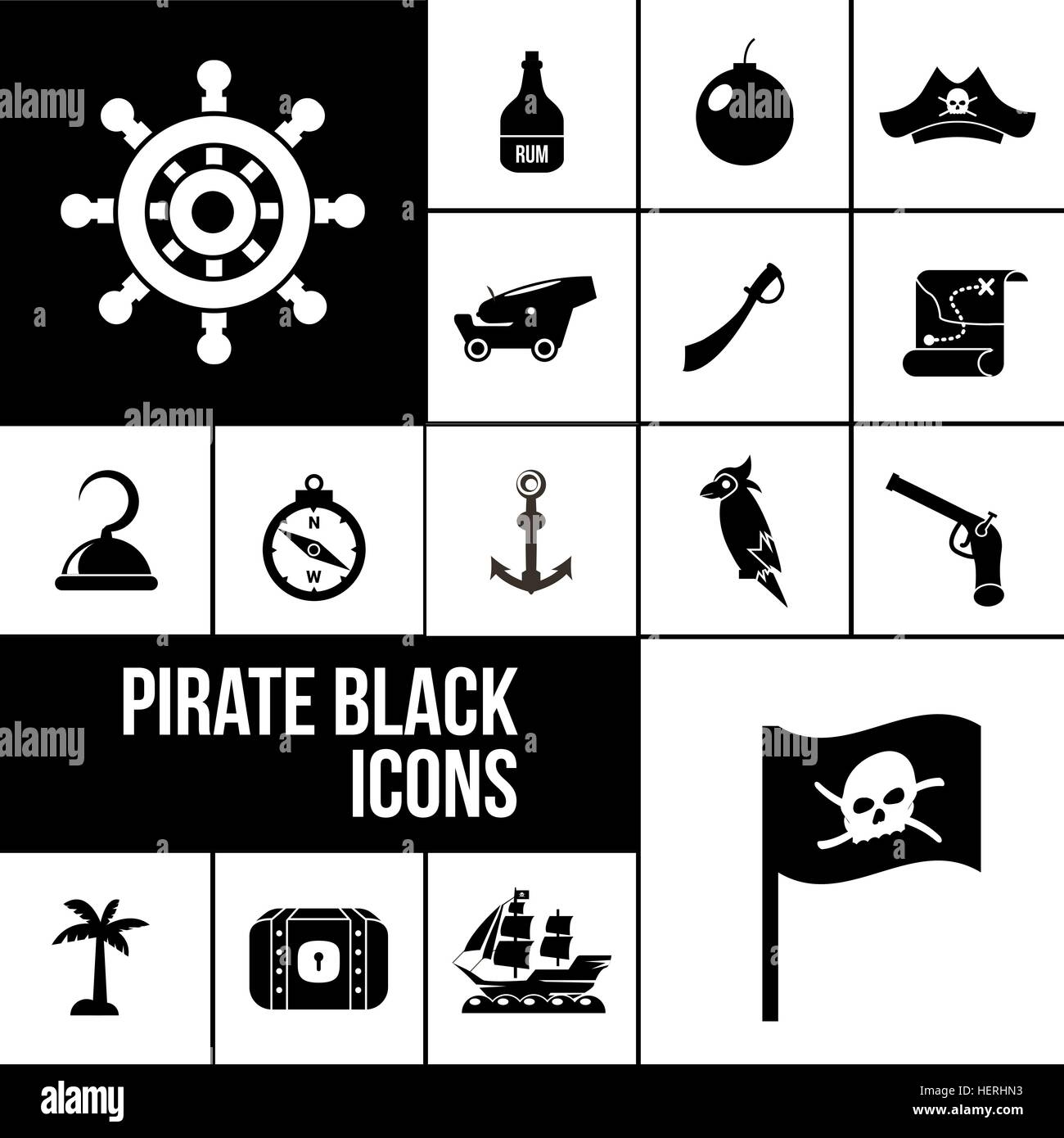 Pirate icons black set. Pirate icons black set with rum bottle bomb ...