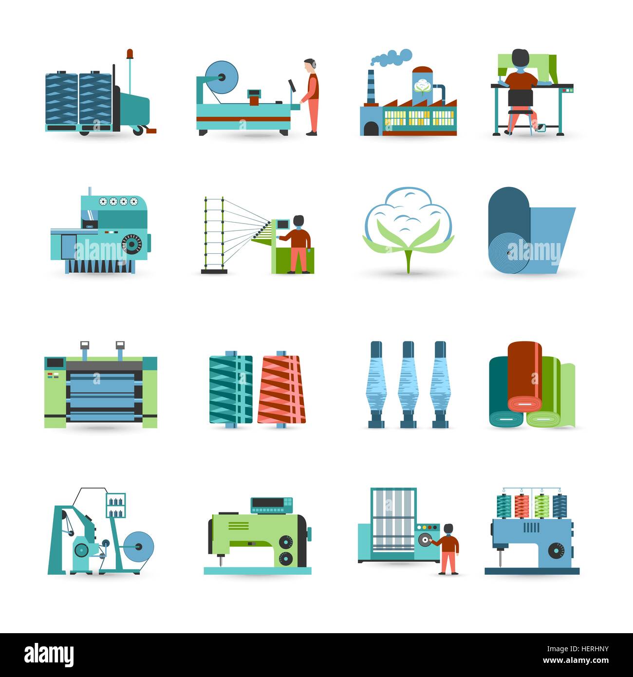 Textile Mill Flat Icons Set Textile Manufacturing Process Flat Icons