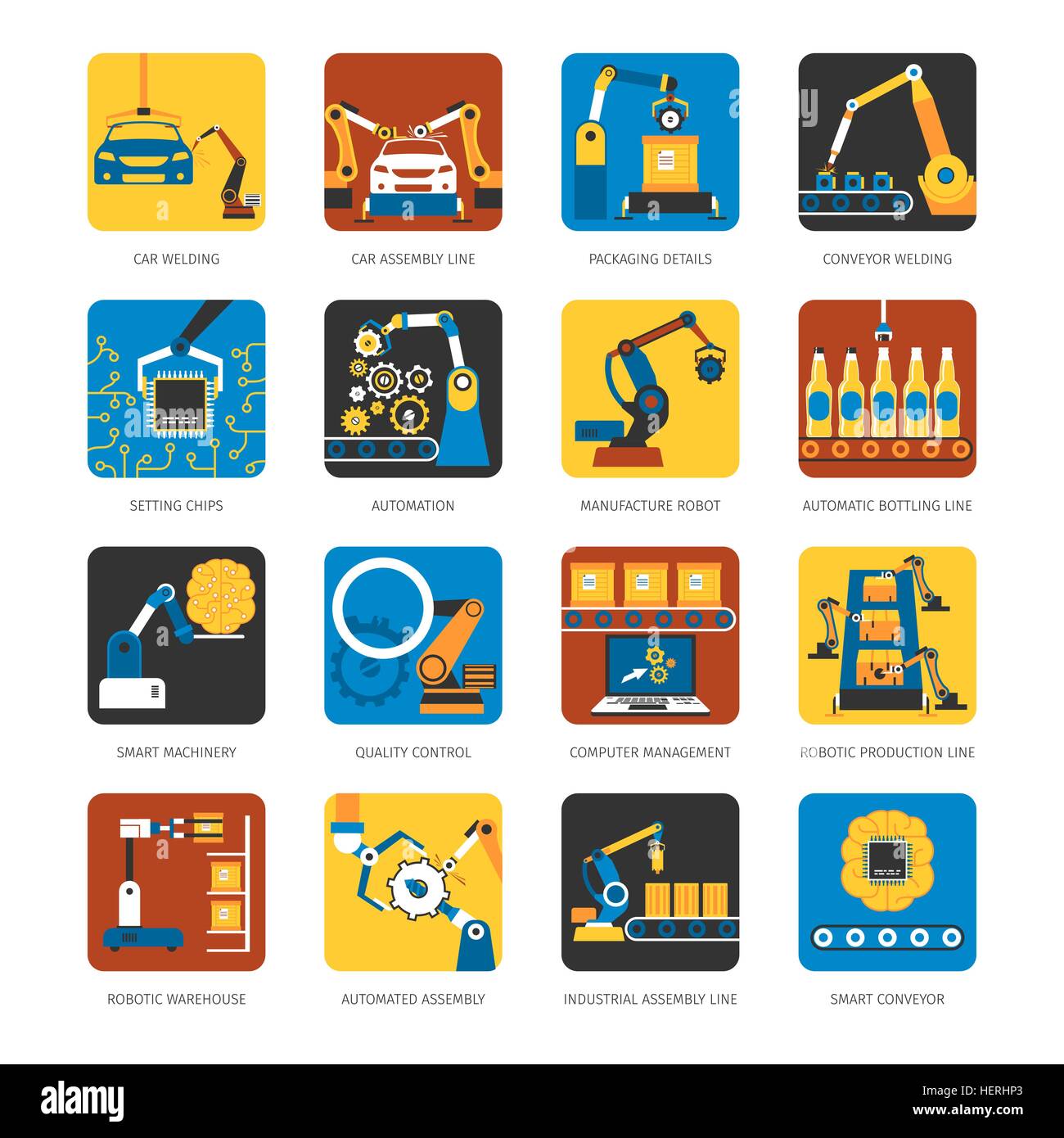 Industrial Assembly Line Flat Icons Set . Industrial automated assembly ...