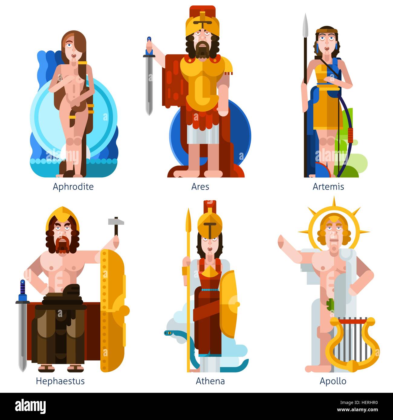 Flat Color Olympic Gods Icons Set. Flat color olympic gods icons set in cartoon style with ...