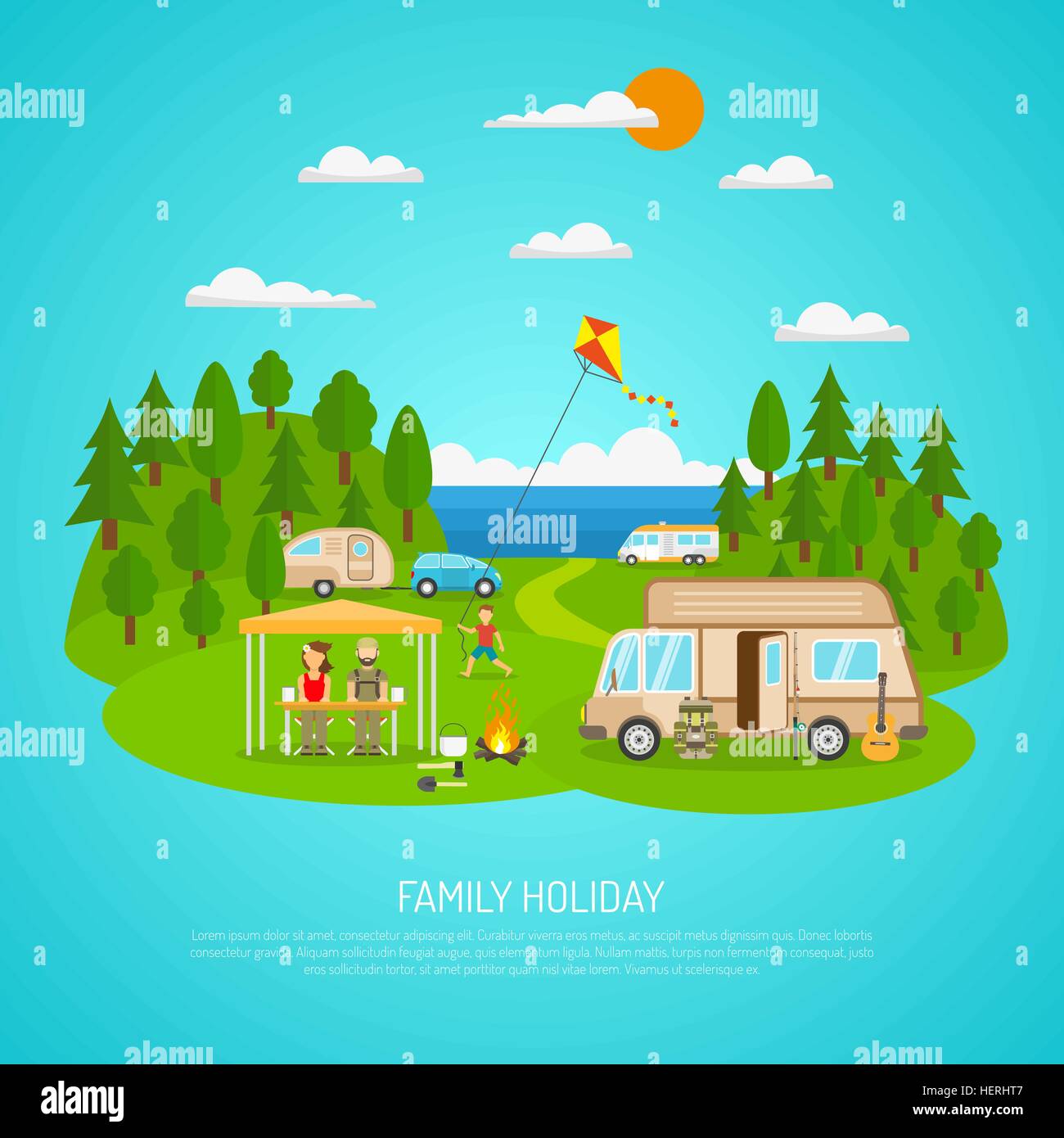 Family Camping Illustration . Family camping by the sea with motorhomes ...
