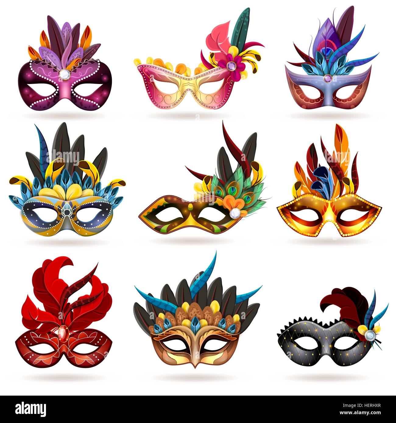 Mask Icons Set . Mask realistic icons set with feathers and jewels ...