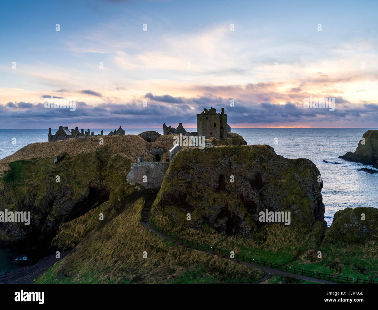 Dunnottar Castle near Aberdeen in North East Scotland is a ruined cliff ...