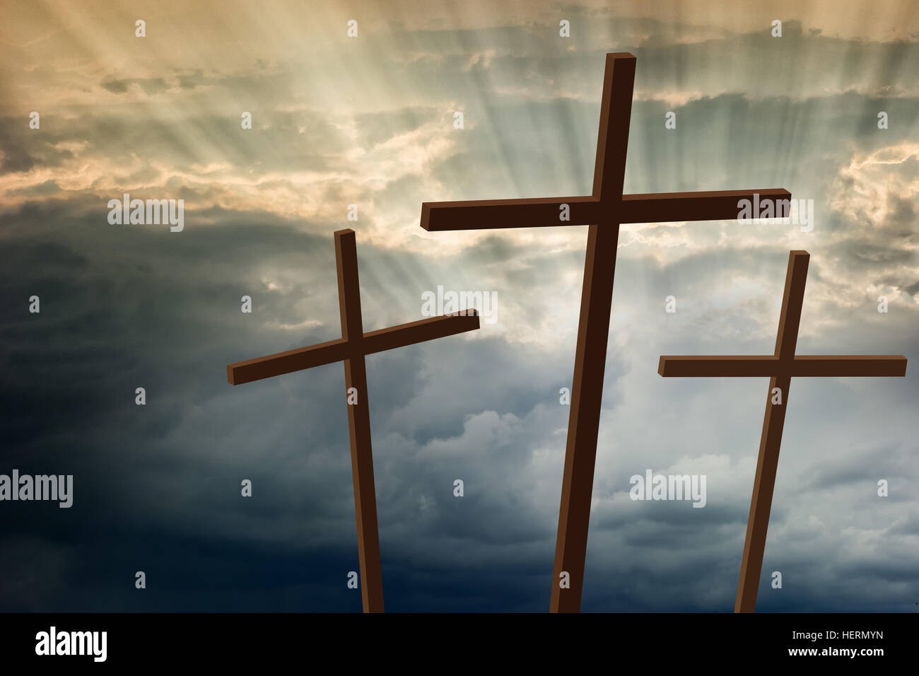 Three wooden crosses stand against a dramatic evening sky with radiant ...