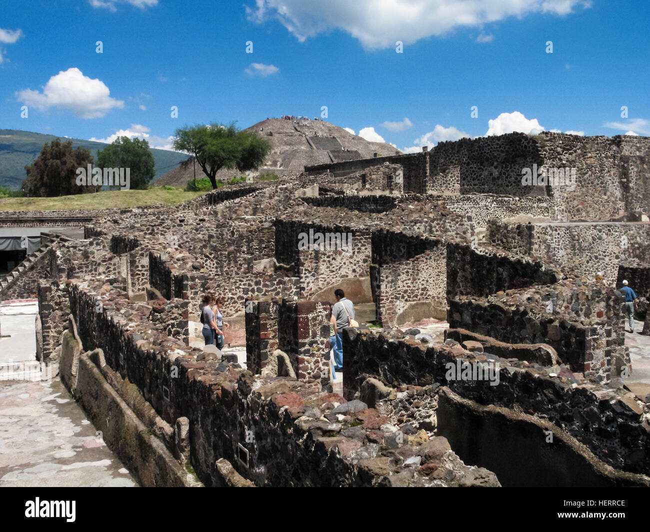 Aztec ruins with Pyramid of the Moon in the distance, Teotihuacan ...