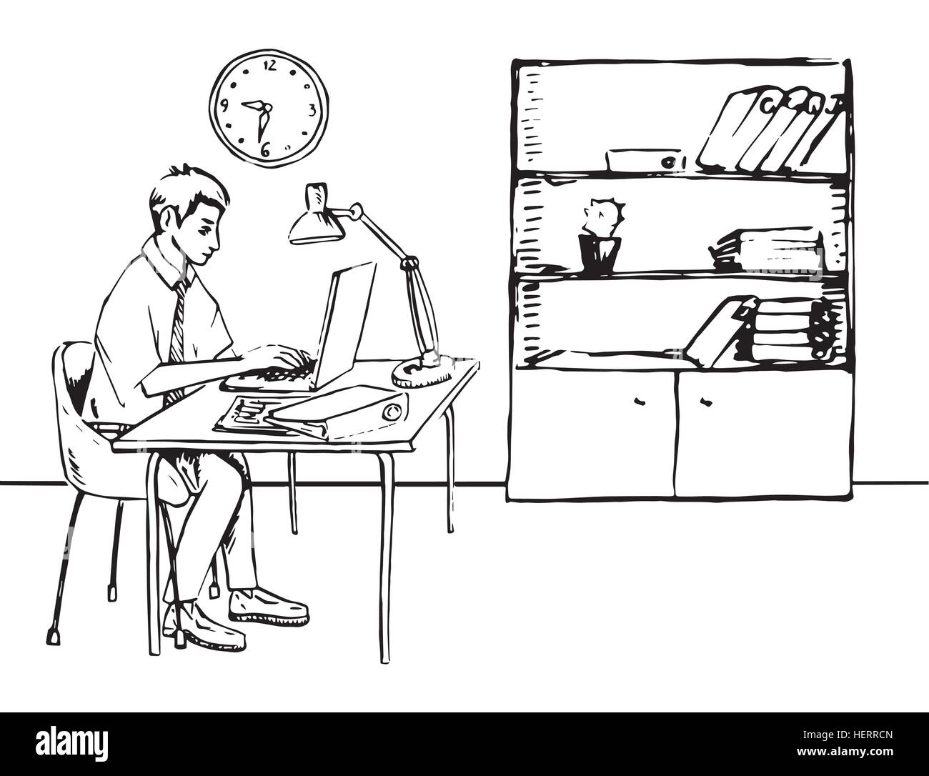 Businessman working in office with computer and papers, Hand drawn ...