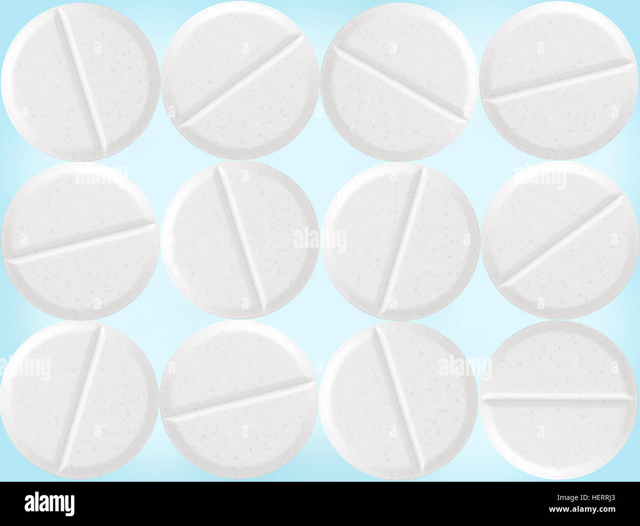 Many of white round pills with diagonal line on blue background Stock ...