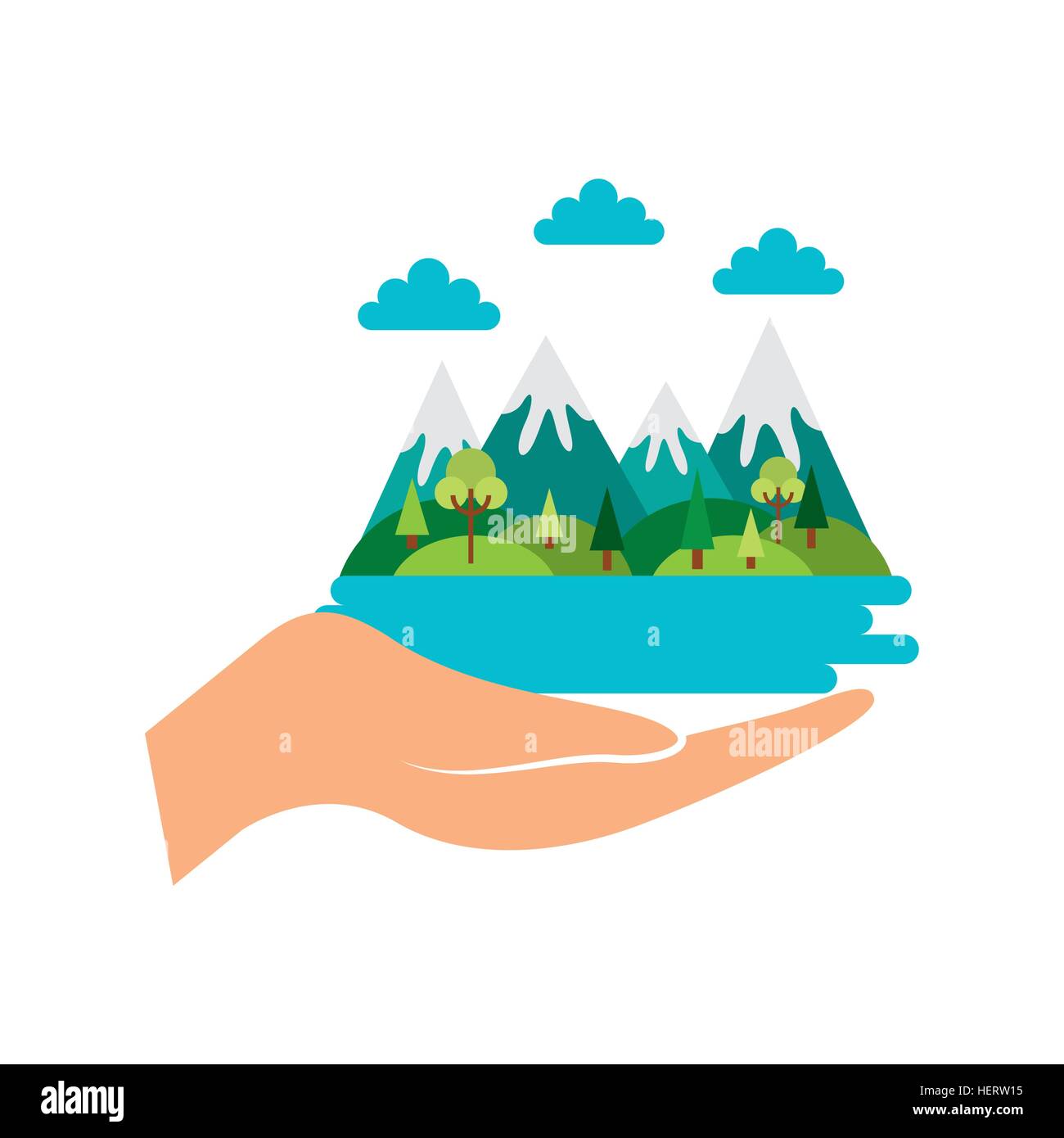 hand with mountains landscape icon over white background. colorful ...