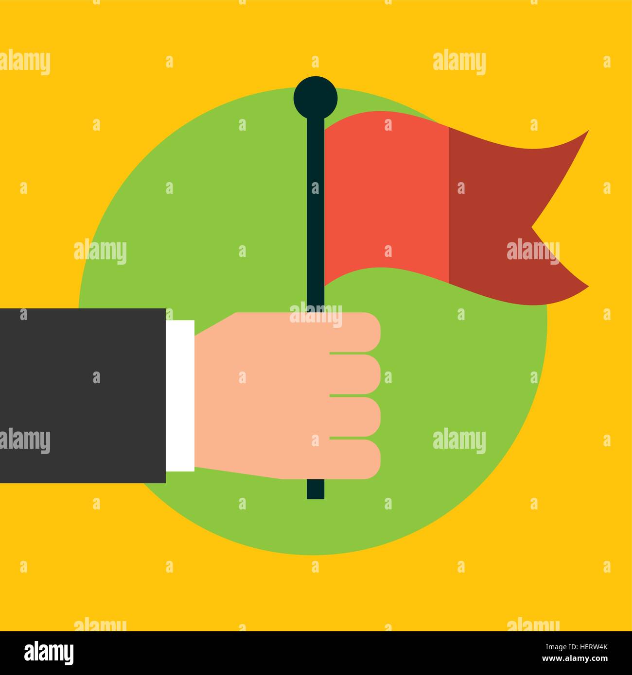 hand with red flag icon over green circle and yellow background ...