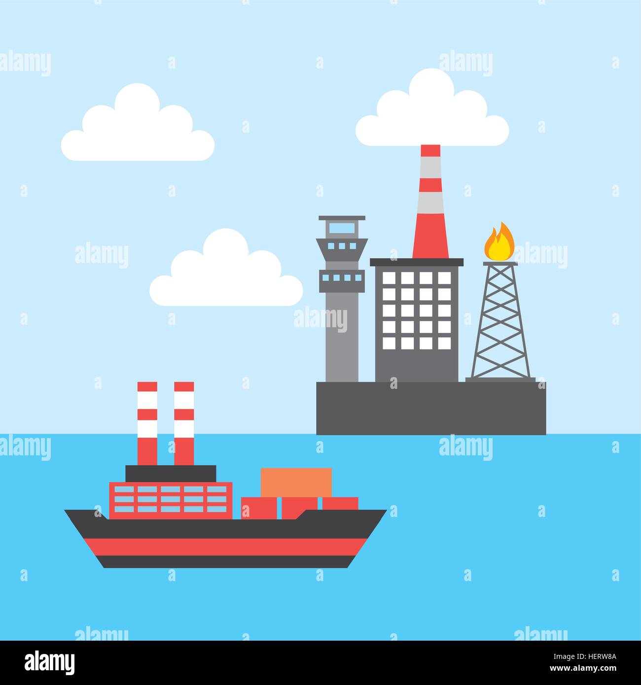 oil industry rig factory and cargo ship icon. colorful design. vector ...