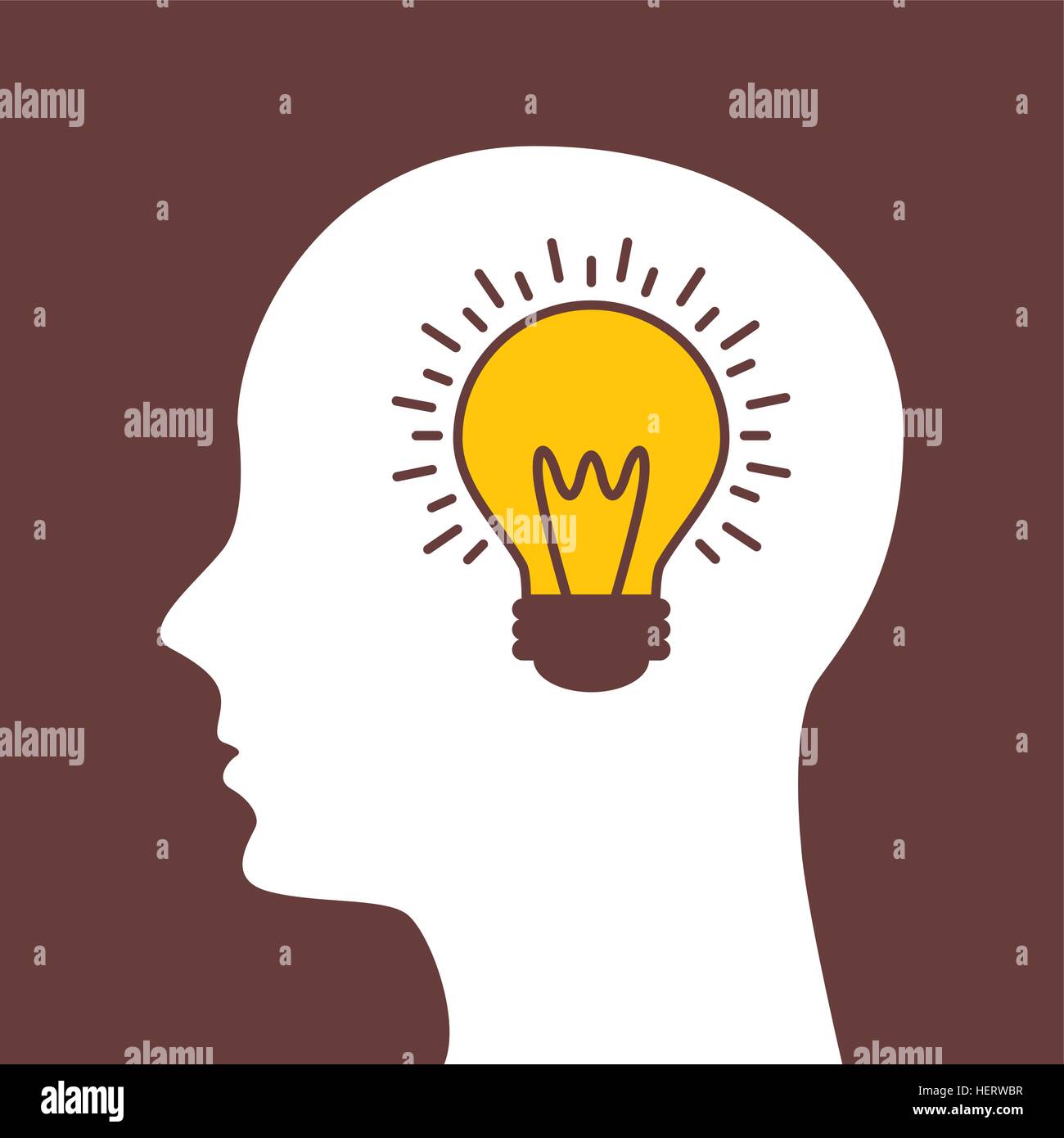 profile head with bulb light icon over brown background. colorful ...