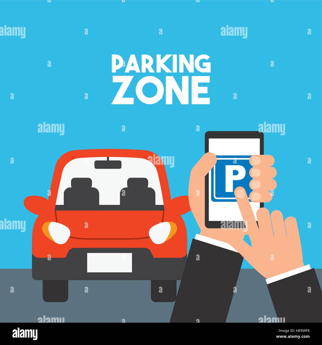parked car in parking zone and hand holding a smartphone with park icon ...