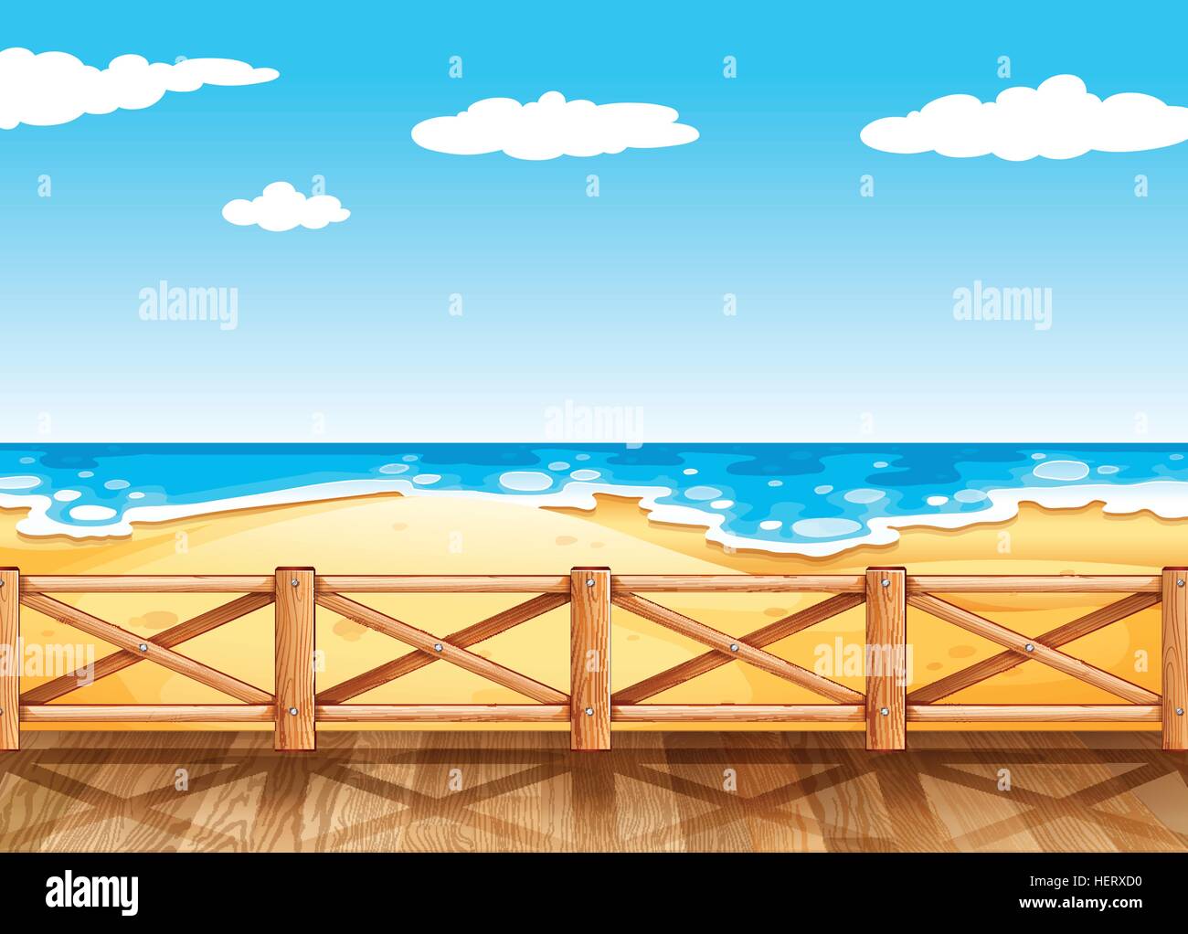 Beach scene with wooden bridge illustration Stock Vector Image & Art ...