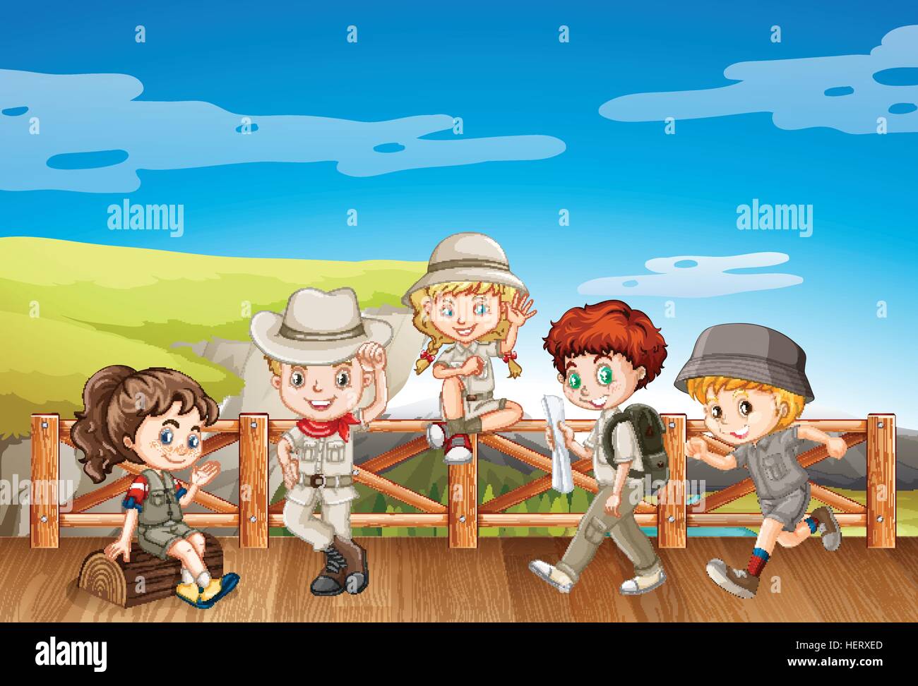 Children in safari costume on the bridge illustration Stock Vector ...