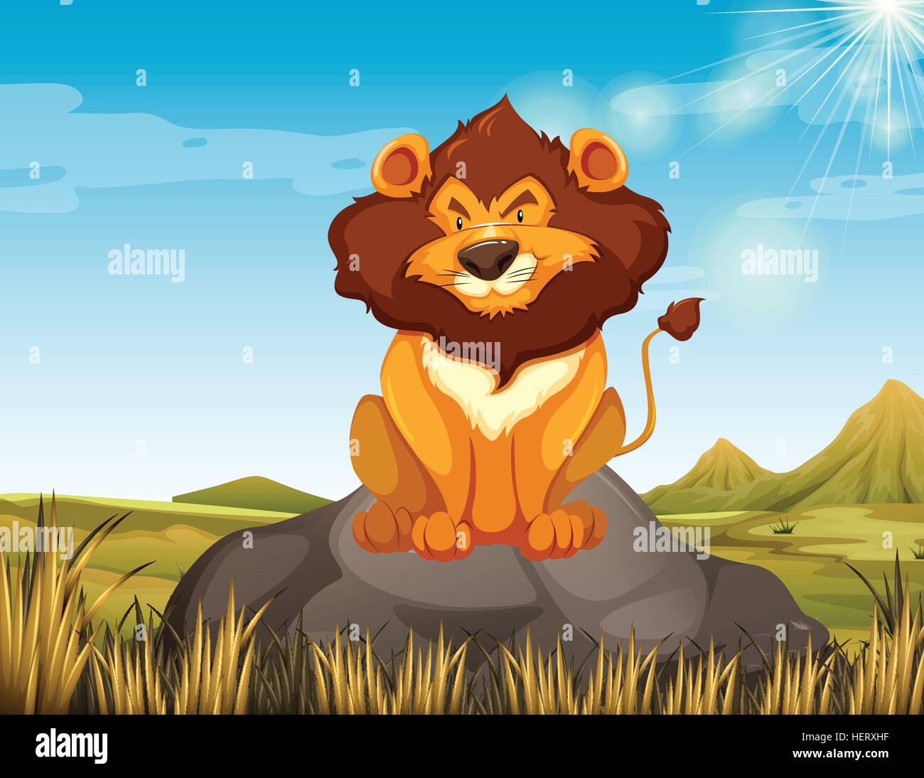 Wild lion sitting on the stone illustration Stock Vector Image & Art ...