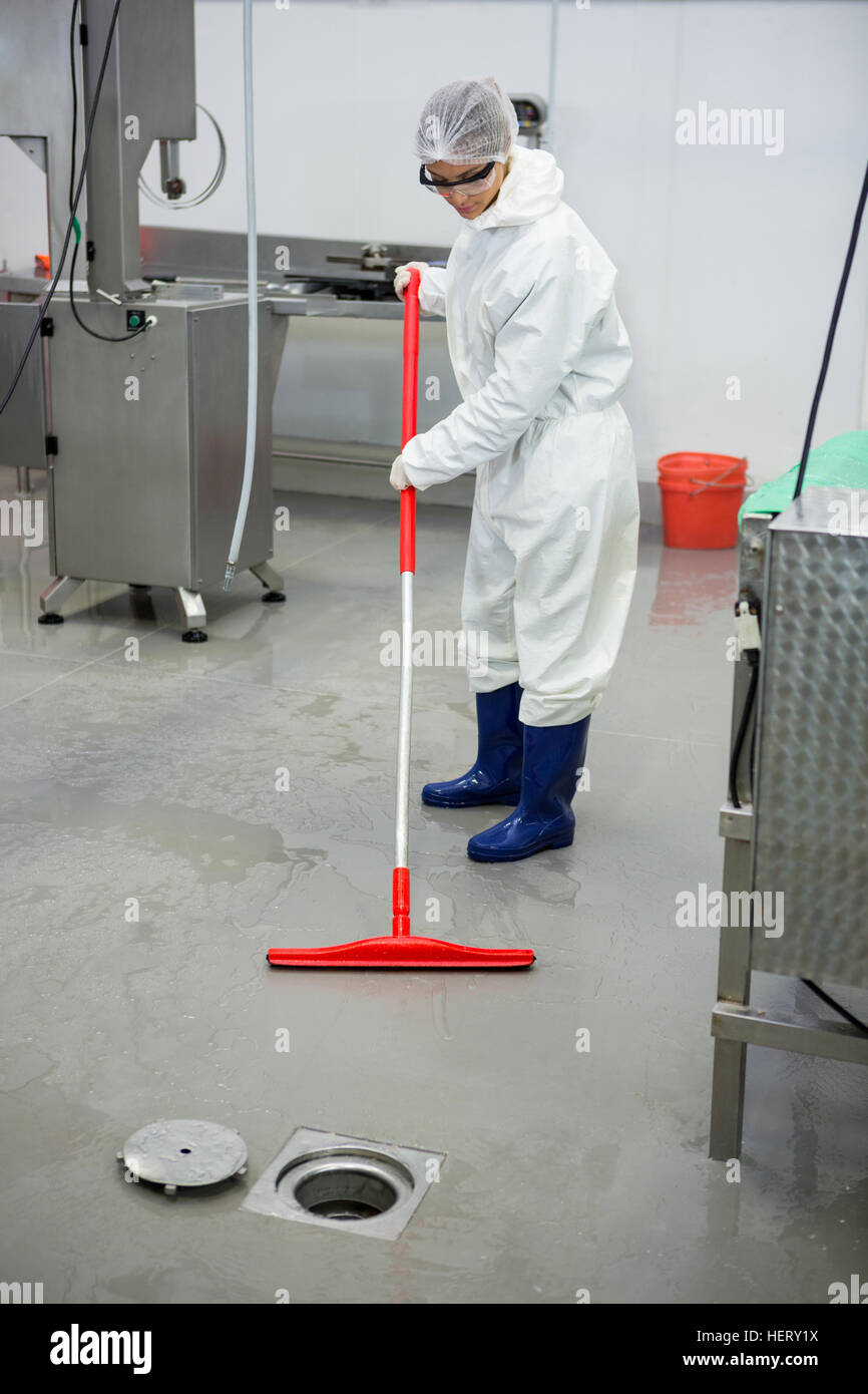 Female staff cleaning the floor at meat factory Stock Photo - Alamy