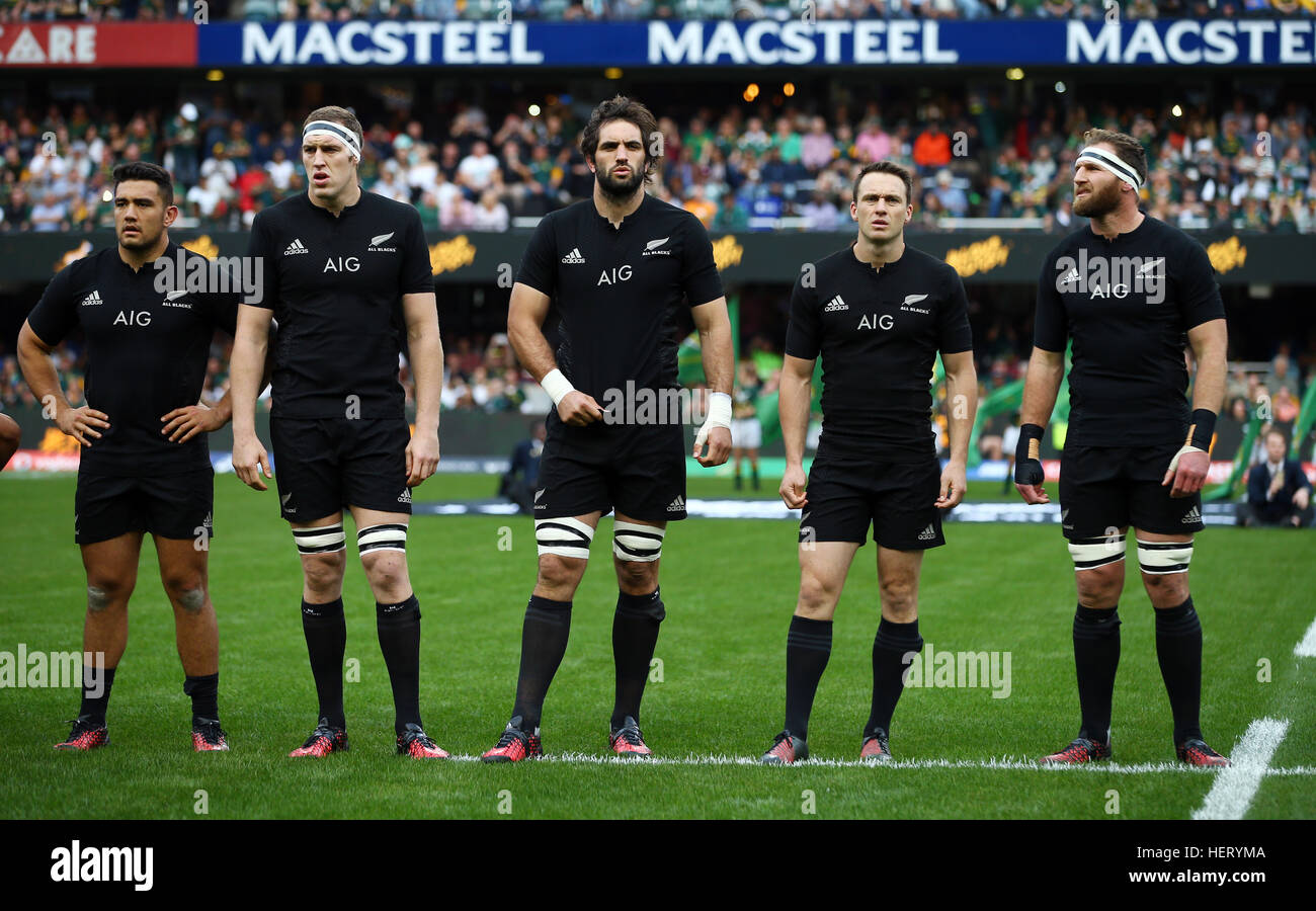 DURBAN, SOUTH AFRICA - OCTOBER 08: New Zealand players line up during ...
