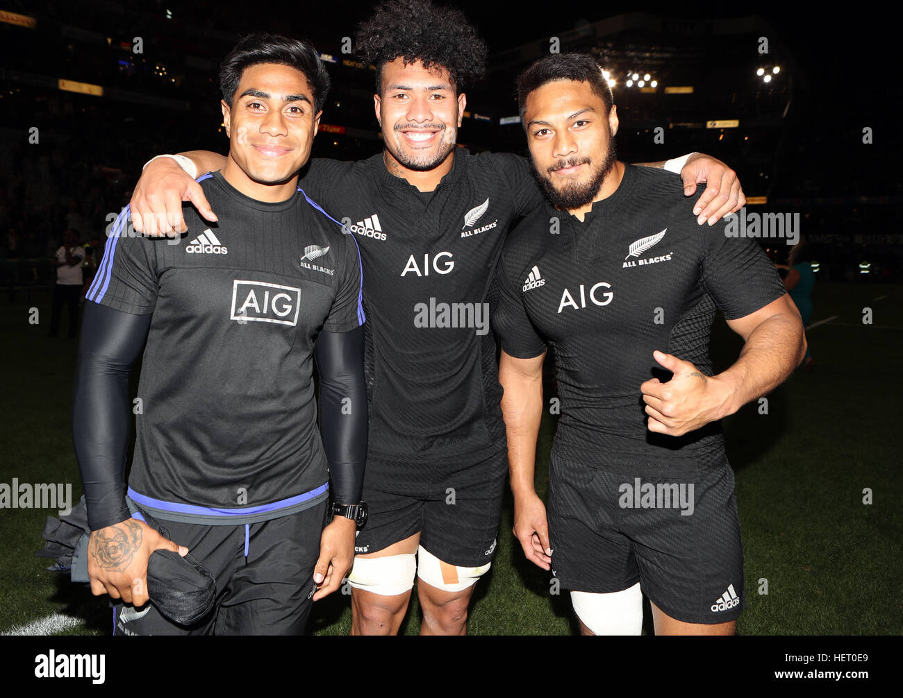 DURBAN, SOUTH AFRICA - OCTOBER 08: Malakai Fekitoa with Ardie Savea and ...
