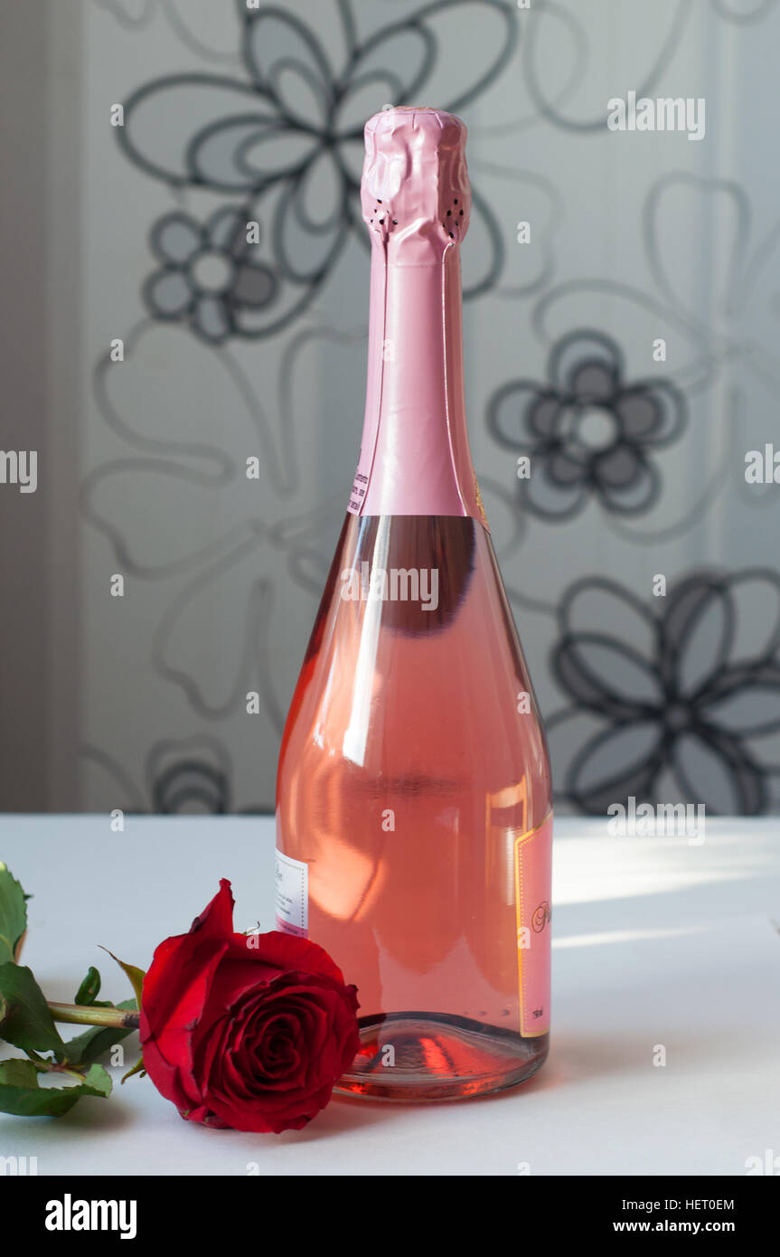 A pink champagne and a rose on a white background Stock Photo - Alamy