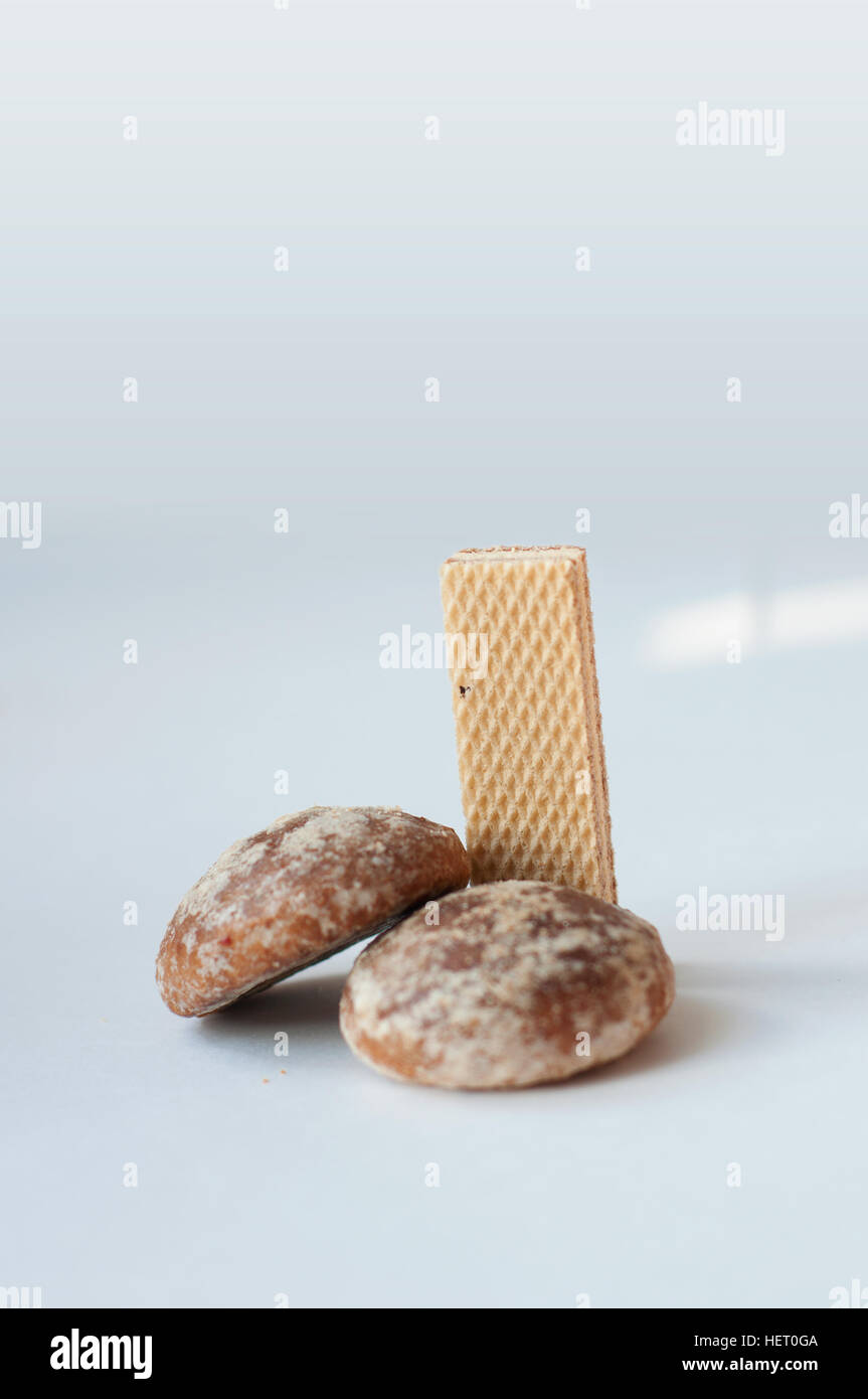 Russian gingerbread cookie and an wafer isolated on a light background ...