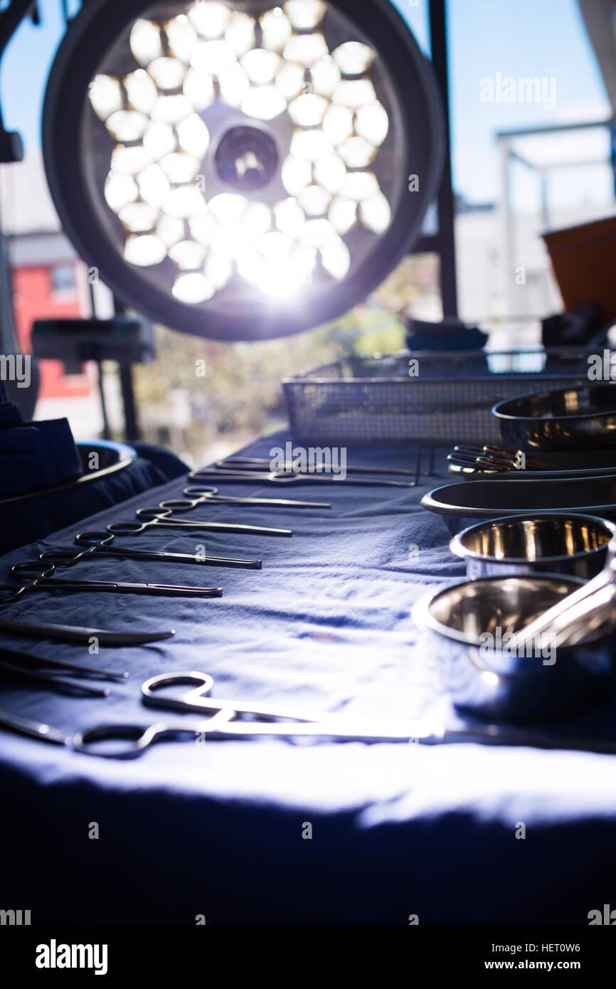 Various surgical tools kept on a table in operation theater at hospital ...