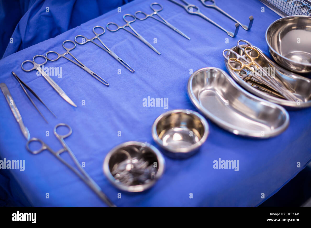 Various surgical tools kept on a table in operation theater at hospital ...