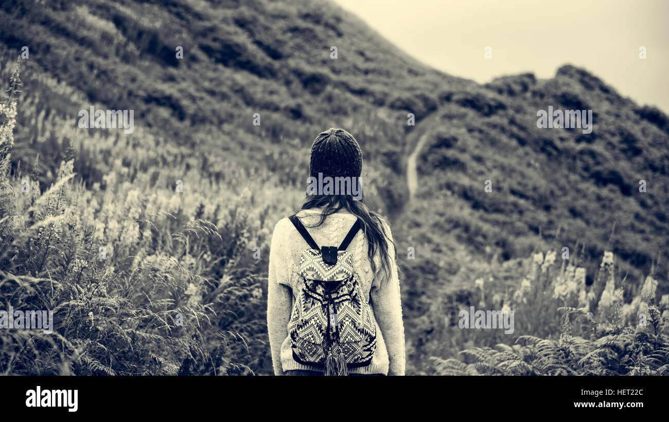Woman Rear View Top Mountain Carefree Cloudscape Concept Stock Photo ...