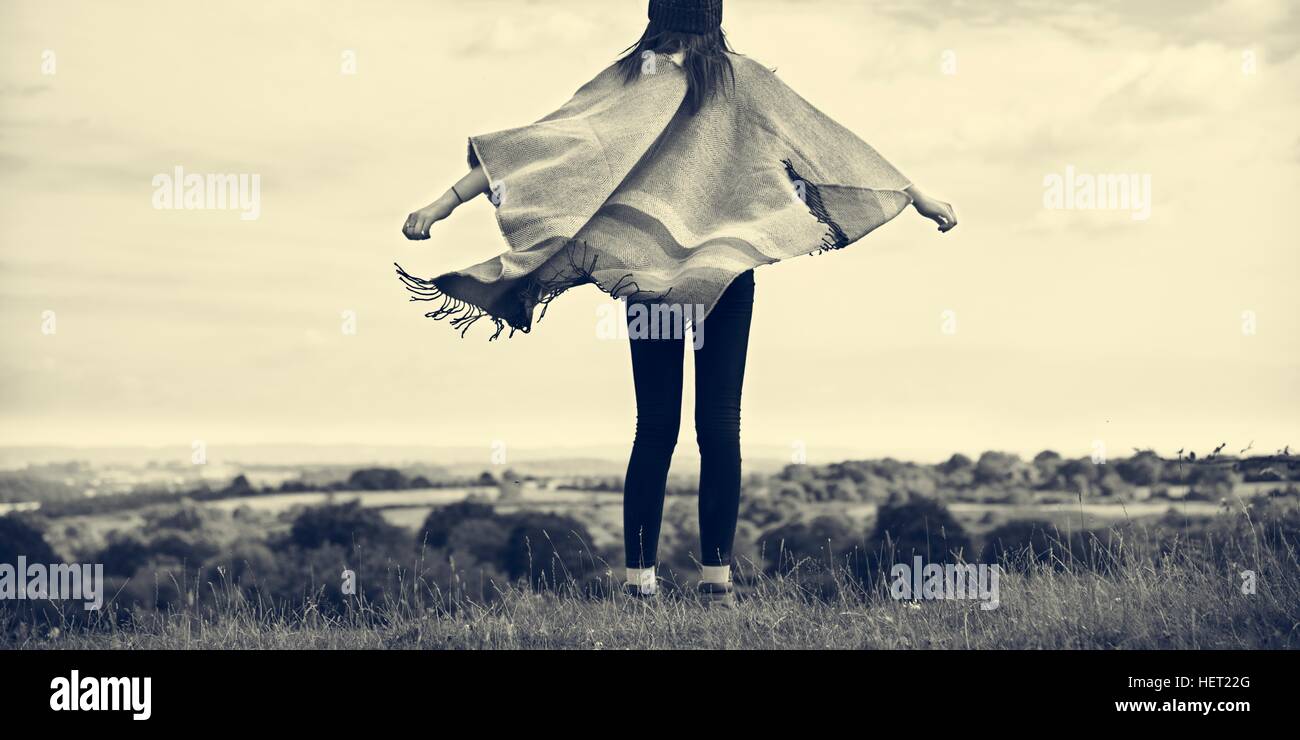 Woman Rear View Top Mountain Carefree Cloudscape Concept Stock Photo ...