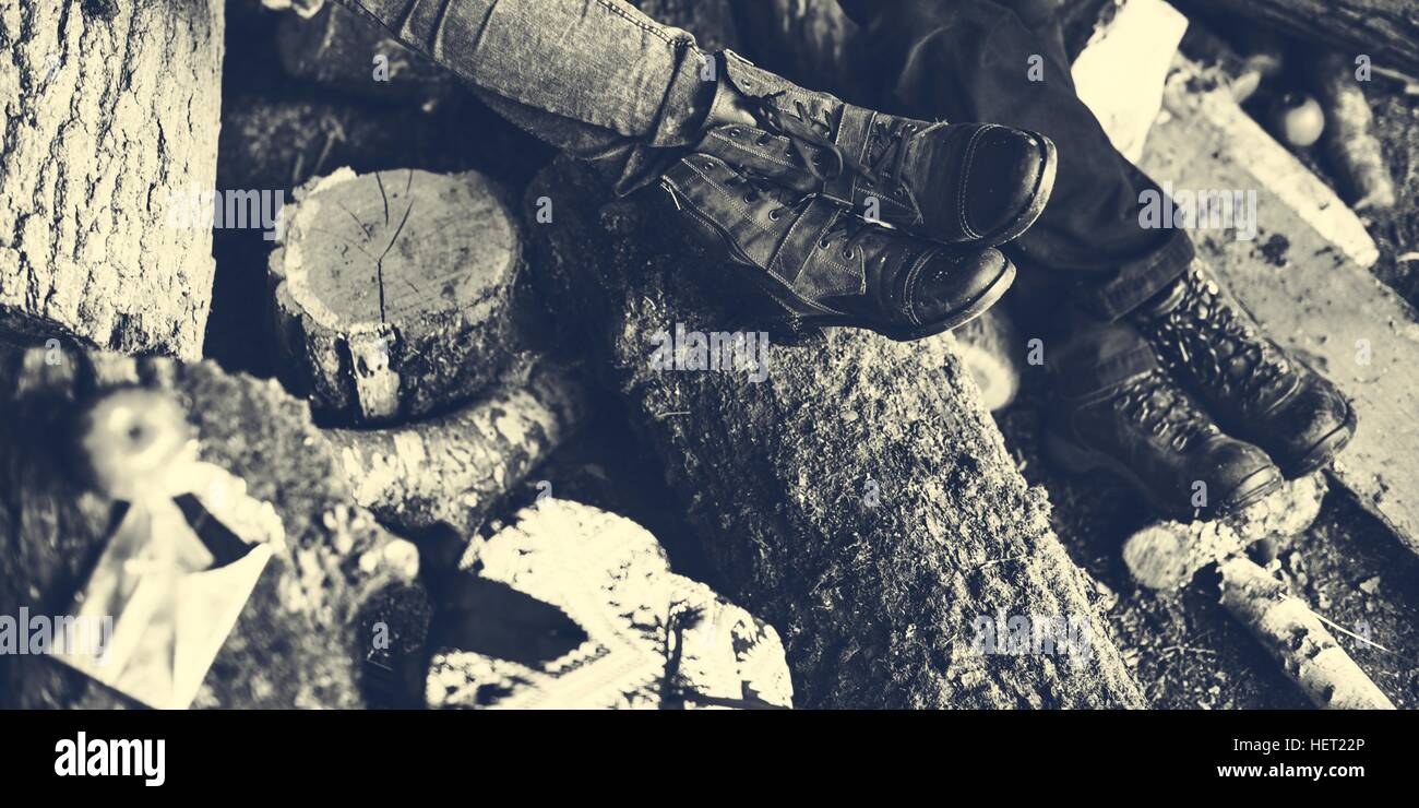 Human Leg Wood Log Sitting Relaxation Vacation Concept Stock Photo - Alamy