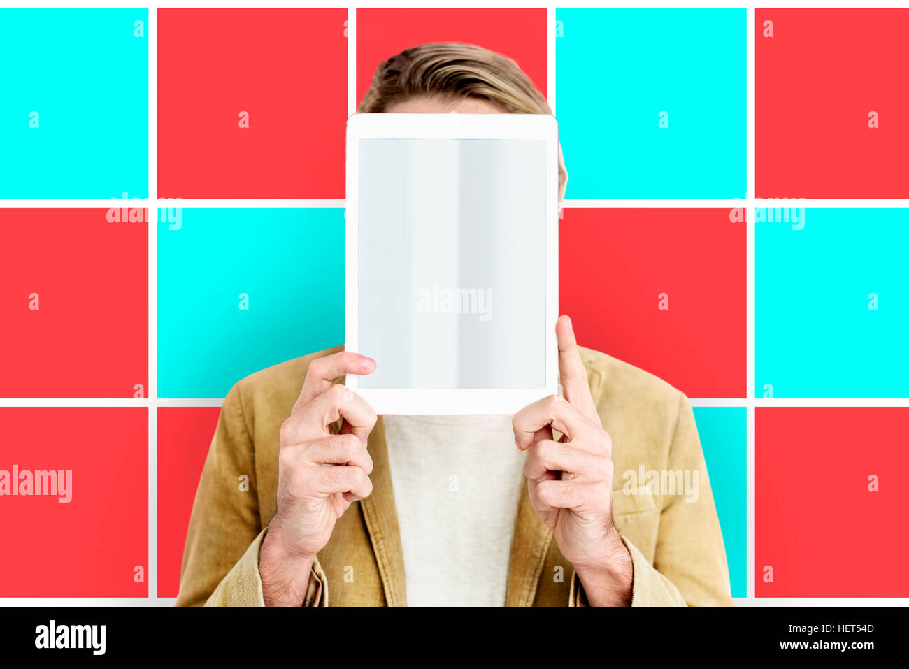 Man Digital Tablet Face Covered Copy Space Technology Concept Stock ...