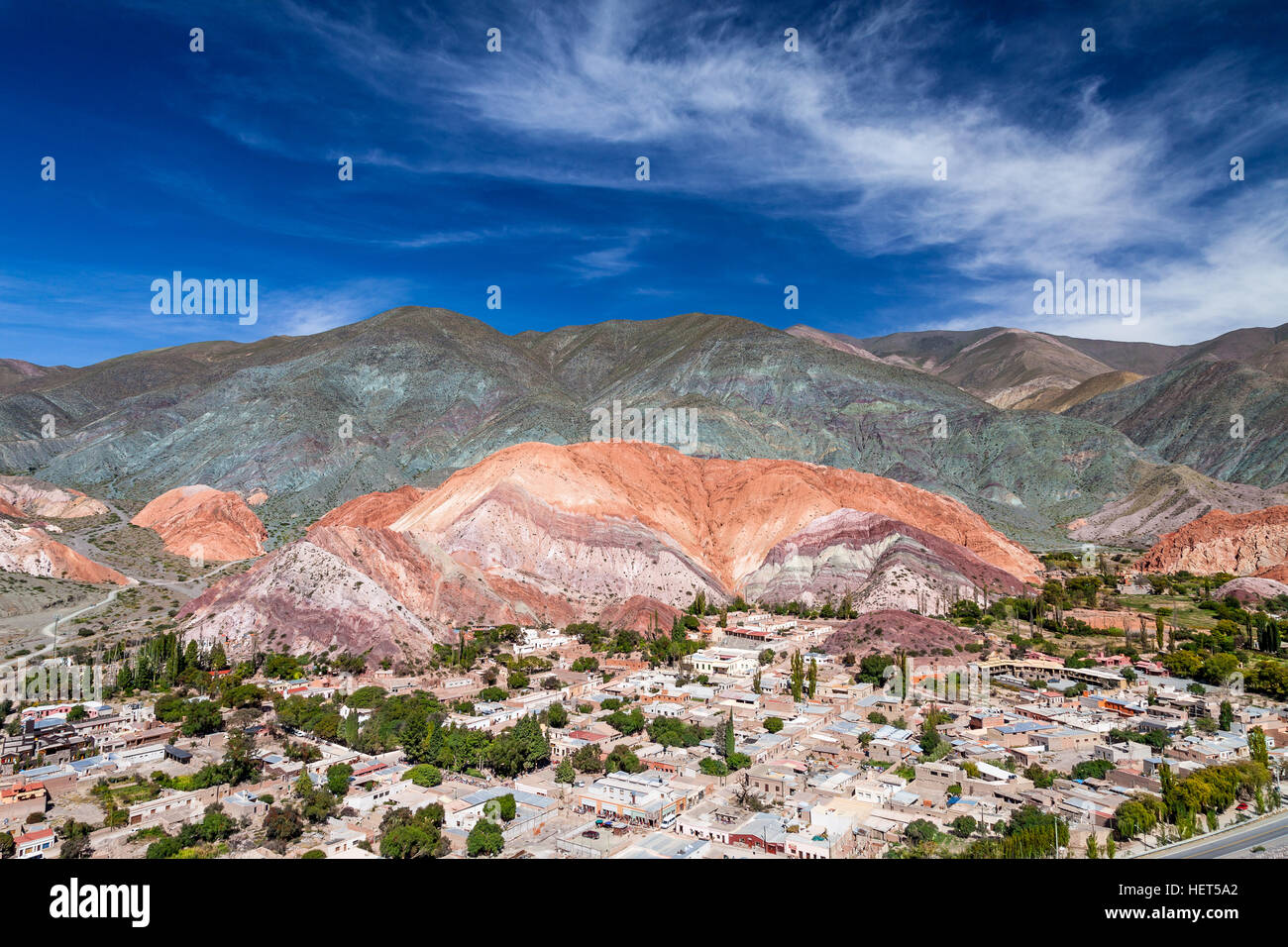 Aerial view of the 7 color hill and the town of Purmamarca, Quebrada de ...