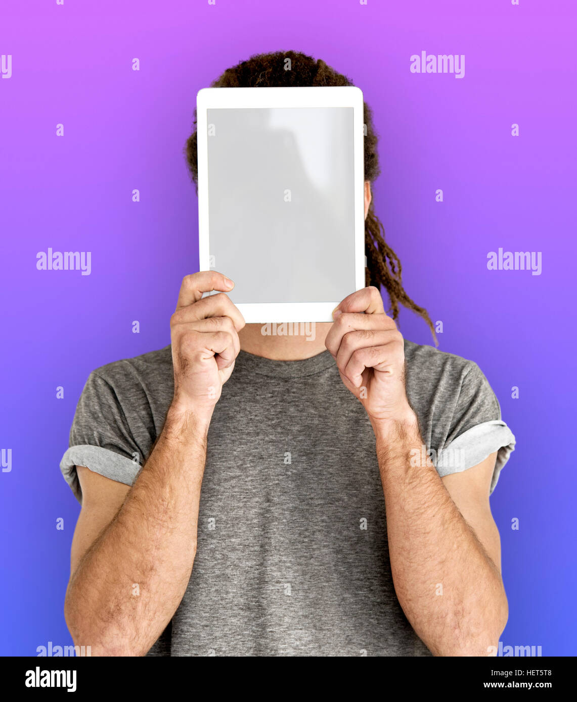Man Digital Tablet Face Covered Copy Space Technology Concept Stock ...