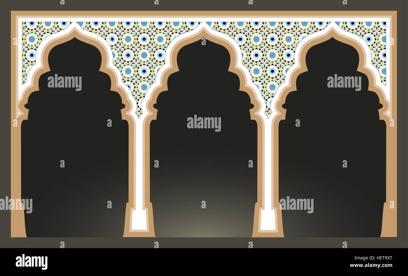 Islamic arcs with arabic mosaic pattern. Mosque columns isolated ...