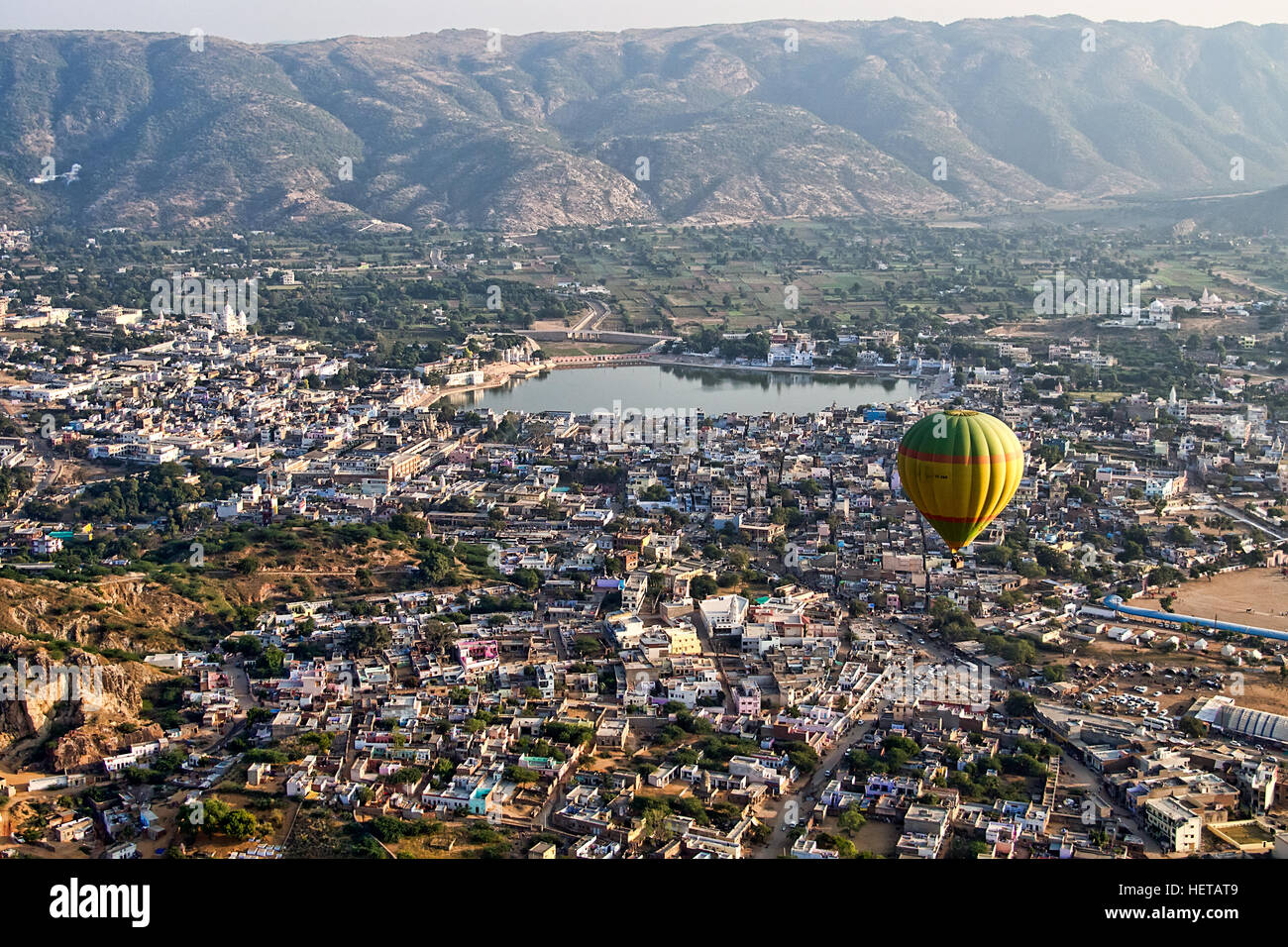 Entire Pushkar town and lake from above, from a hot air balloon ...