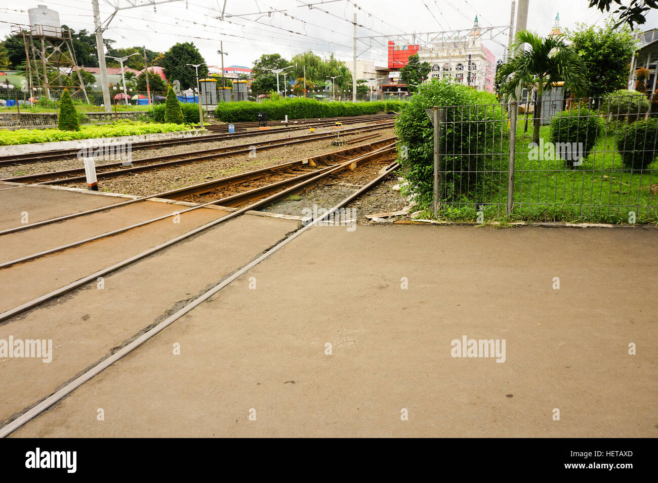 railway track with tree and bush on side taken in bogor station ...