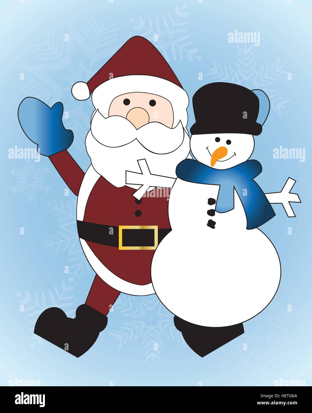 Vector illustration of Santa and snowman on a snowflake background ...